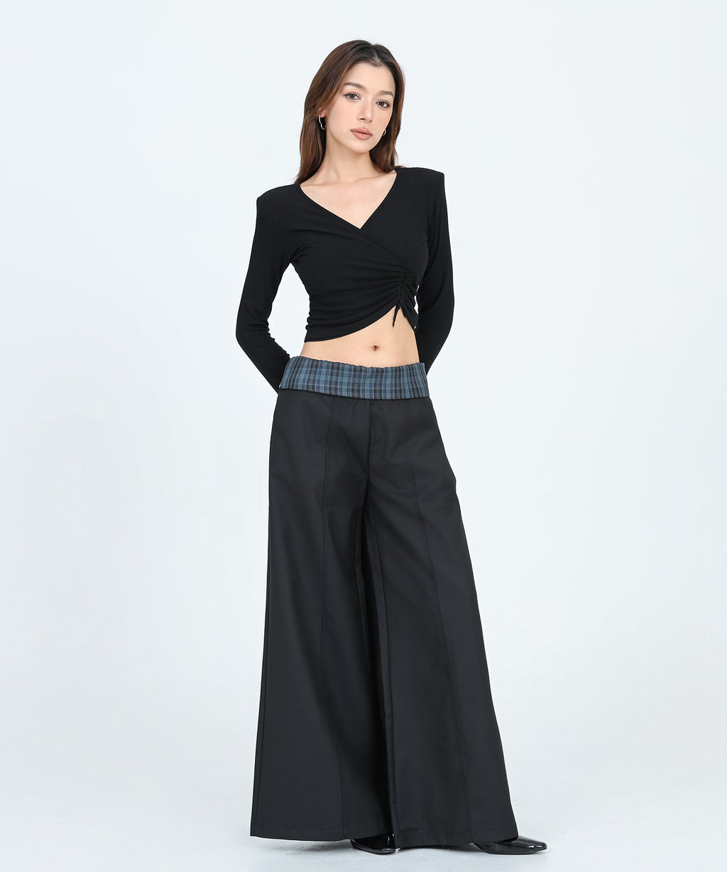 low waist plaid pattern wide leg pants – SUWDEE